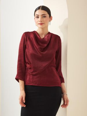Buy Latin Quarters Women Maroon Cowl Three Forth Sleeves Solid Top (S ...
