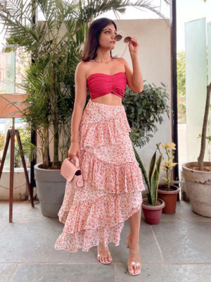 Buy B'Infinite Raspberry Silk Top & Floral Tiered Skirt (Set of 2) Online