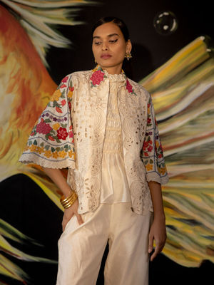 Buy CHANDRIMA Ivory Cutwork and Beadwork Short Jacket Online