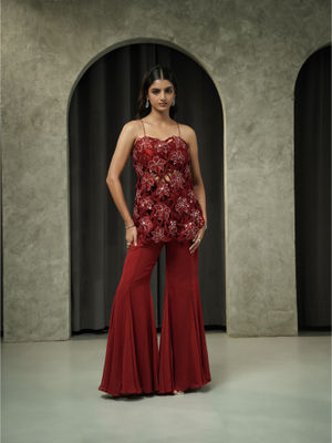 Buy Muskan Aggarwal Womens Georgette Mirror Work Maroon Top with ...