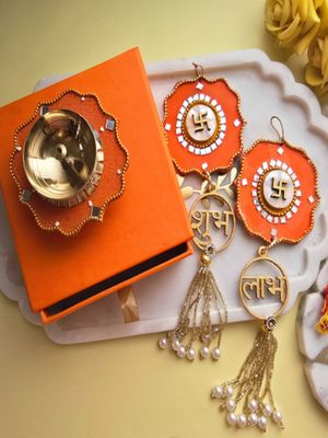 Buy Homearte Brass Diya with Orange Mdf Door Hangings & Gift Box ...
