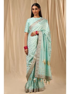 Buy Masaba Sea Blue Lovebird in the Garden Saree with Unstitched Blouse ...