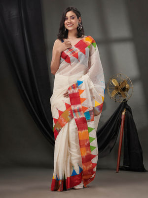 Buy CHARUKRITI White Resham Kota Handwoven Saree without Blouse ...