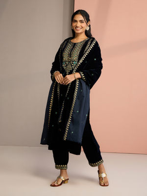 Buy Lehan Lehan's Blue Velvet Embroidered Zari Round Neck Kurtas (Set of 3) online