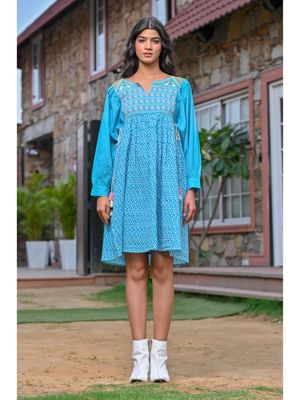Buy NYARO Blue Cotton Embroidered Dress Online