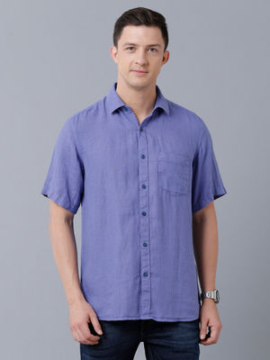 Buy Linen Club Men's Pure Linen Purple Solid Regular Fit Half Sleeve Casual Shirt online