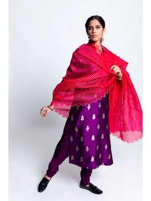 Buy Label Earthen Women Purple Woven Kurta with Churidar & Dupatta (Set ...