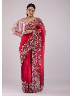 Buy Kalki Fashion Embroidered Tomato Red Georgette Saree with Unstitched Blouse online