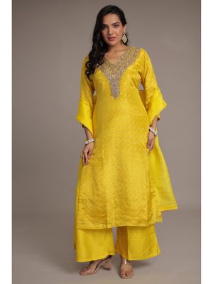 Buy Zari Jaipur Yellow Tissue Embroidered Kurta with Palazzo and ...