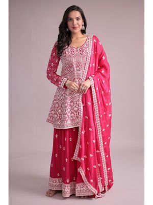 Buy Zari Jaipur Pink Silk Blend Embroidered Kurta with Palazzo and ...