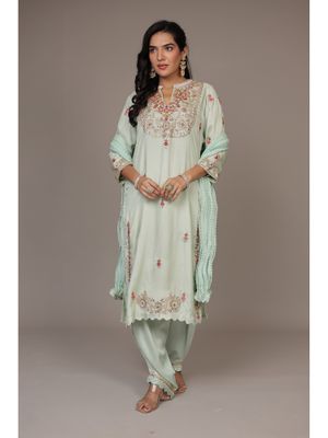 Buy Zari Jaipur Green Silk Embroidered Kurta with Salwar and Dupatta (S ...