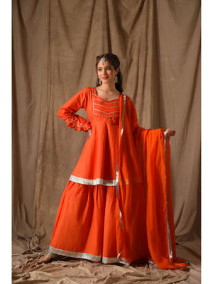 Buy DIMPLE DESIGN STUDIO Orange Poplin Sharara (Set of 3) Online