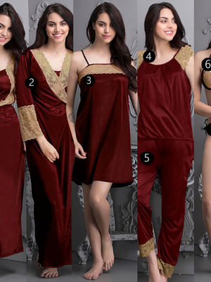 Buy Clovia 7 Pc Satin Nightwear Set - Maroon (Free Size) (Free Size) Online