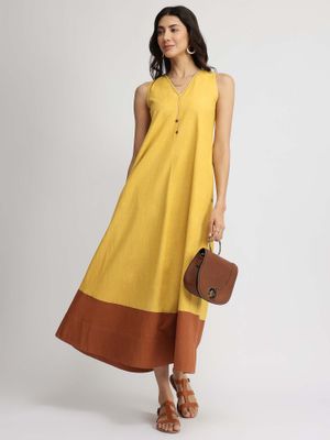 Buy Pink Fort Yellow and Rust Linen Blend Colourblock A-Line Dress (XS ...