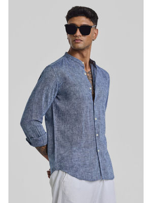 Buy Snitch Blue Textured Linen Shirt (S) Online
