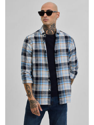 Buy Snitch Blue Checks Linen Blend Shirt (XS) Online