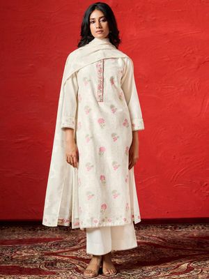 Buy Ganga Fashions Ivory Floral Woven Cotton Kurta with Pant and ...