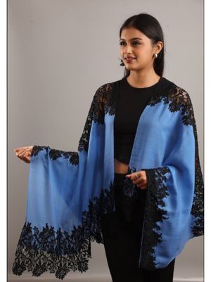 Buy Wrapture By Suzanne Hibiscus Panels In Sky Blue And Black Shawl Online