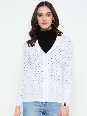 Buy Creative Line White Self Design Knitted Cardigan (M) Online
