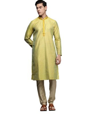 Buy Manyavar Yellow Woven Design Kurta with Pencil Pajama (Set of 2) Online