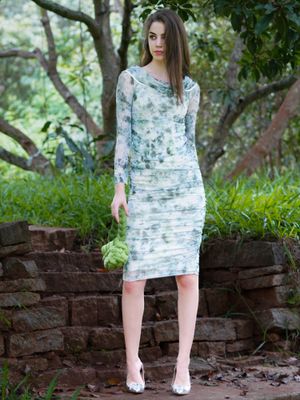 Buy Odette White And Green Printed Net Bodycon Dress Online