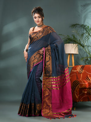 Buy DESH BIDESH Women Cotton Silk Blue Pure Kanjivaram Saree with Unstitched Blouse Online