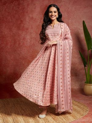Buy Libas Women Peach Silk Blend Floral Printed Anarkali Kurta with ...