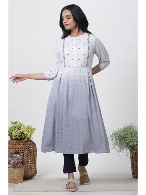 Buy WISHFUL by W Women Grey Striped Print Cotton A-Line Kurta with Slim ...