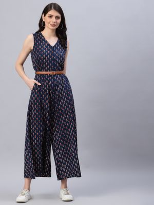 Buy Ragavi Riya Navy Blue Printed Jumpsuit (Set of 2) Online