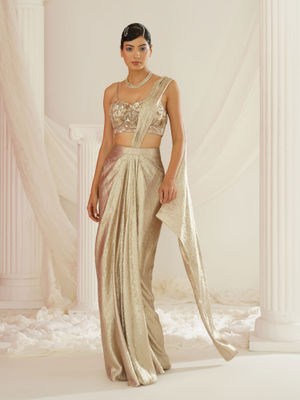 Buy Kapda Dori Gold Embroidered Pre-Draped Drape Saree with Stitched ...