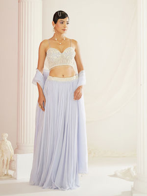 Buy Kapda Dori Powder Blue Embroidered Lehenga with Blouse and Dupatta ...