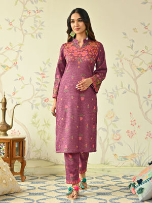 Buy Rustorange Dusty Pink Floral Woollen Kurta with Full Sleeves Online