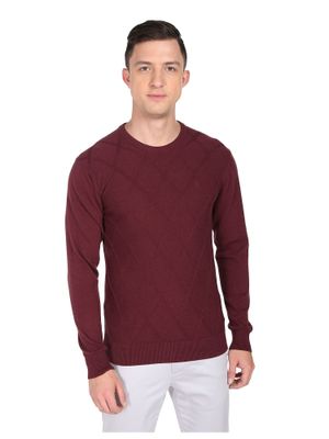 Buy Arrow Men Maroon Crew Neck Textured Patterned Knit Sweater Online