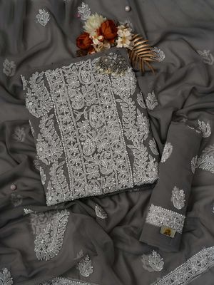 Buy ADA Hand Embroidered Fossil Grey Georgette Lucknowi Chikankari ...
