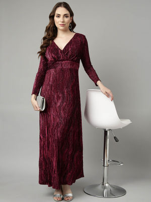 Buy SHOWOFF Womens Self Design V-Neck Maroon Maxi Dress Online
