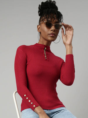 Buy SHOWOFF Womens High Neck Red Fitted Top Online