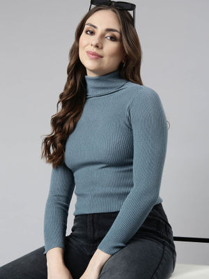 Buy SHOWOFFFF Womens Solid Blue Fitted Top Online