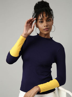 Buy SHOWOFF Womens Solid High Neck Navy Blue Fitted Top Online