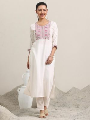 Buy Libas Off White Embroidered Yoke Straight Kurta (L) Online