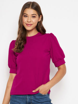 Buy Uptownie Lite Women Knit Solid High Neck Top Maroon Online