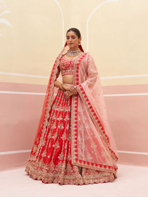 Buy ANGAD SINGH Red Raw Silk Lehnga with Blouse & Dupatta (Set of 3) Online
