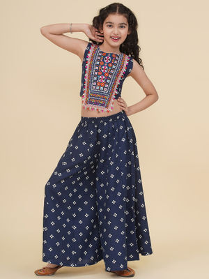 Buy BITIYA BY BHAMA Girls Ethnic Blue Embroidered Top and Palazzo Online