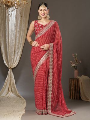 Buy Akhilam Womens Georgette Red Zari Embroidered Designer Saree with Unstitched Blouse Online