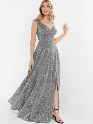 Buy Quiz Clothing Silver Brillo Sequin V-Neck Maxi Dress Online