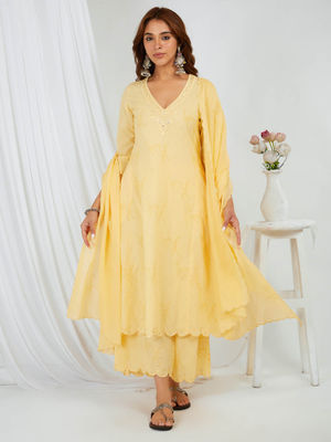 Buy SHAABA CLOTHING Yellow Printed Embroidered Cotton Kurta with ...