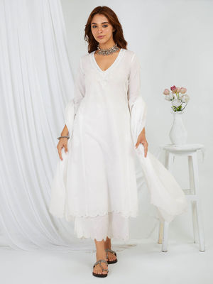 Buy SHAABA CLOTHING White Printed Embroidered Cotton Kurta with Palazzo ...