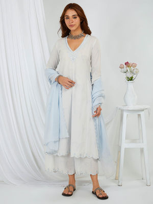 Buy SHAABA CLOTHING Powder Blue Printed Embroidered Kurta with Palazzo ...