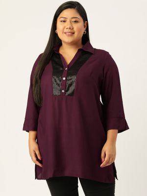 Buy theRebelinme Plus Size Women Plum Color Shirt Collar Longline Top ...