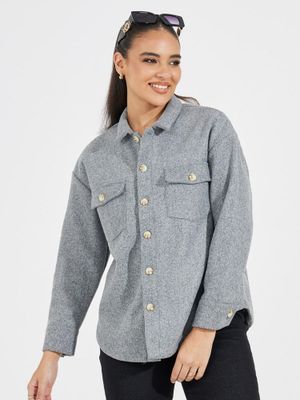 Buy Styli Women Grey Oversized Fit Long Line Wool Look Shacket (S) Online