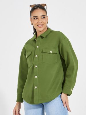 Buy Styli Women Olive Oversized Fit Long Line Wool Look Shacket (S) Online